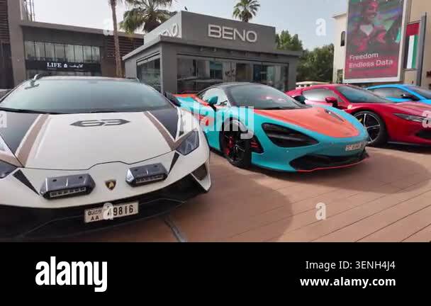 Dubai, UAE - June 02, 2026: Row of luxury supercars including ...