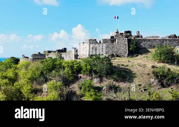 Aerial view of the historic Fort Louis ruins located on a hill in ...