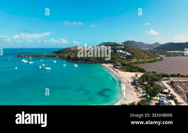 Aerial view of Friar's Bay and Etang Guichard salt pond on the French ...
