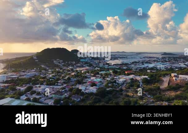 Aerial view of Cole Bay town and hills on the Dutch side of Sint ...