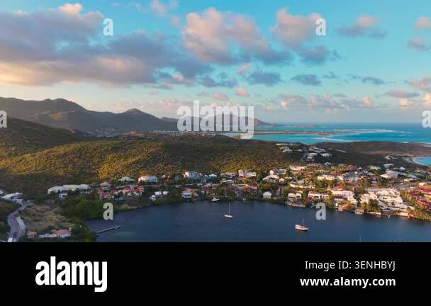Drone aerial view of Oyster Pond bay on the border of Sint Maarten and ...