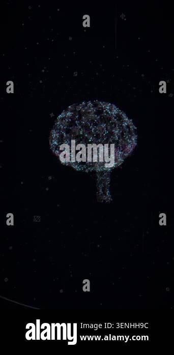 A steady sliding camera motion parallel to a glowing digital brain ...