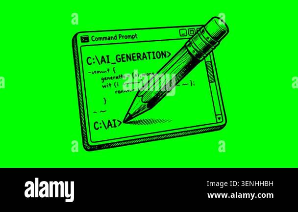 Hand drawn style animation of an AI generation terminal window and ...