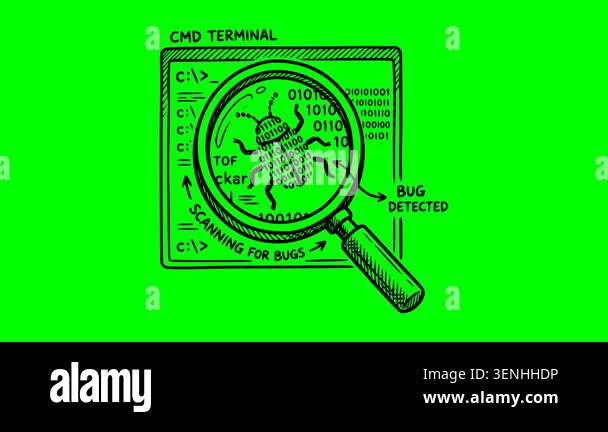 Hand drawn style CMD terminal interface animation scanning for bugs ...