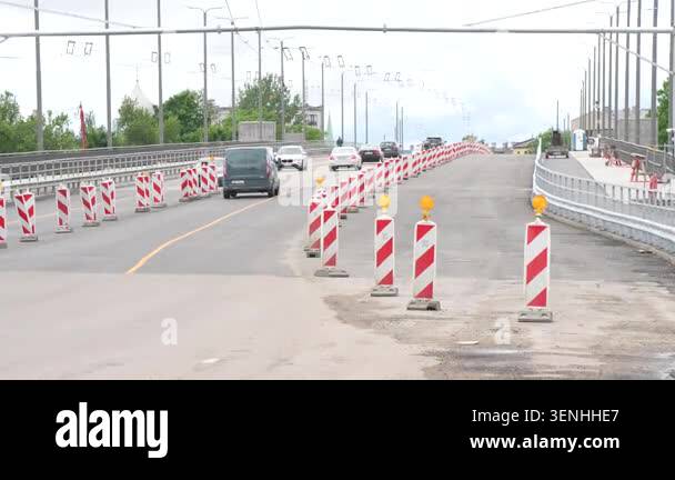 City bridge infrastructure roadwork zone with plastic reflective ...
