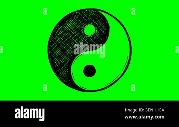 hand drawn style yin yang symbol animation on green chroma key screen ...