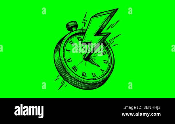 hand drawn stopwatch with lightning bolt and flashing white ...
