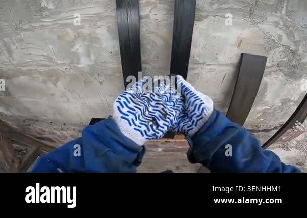The process of removing protective cotton gloves. Painting work. A ...