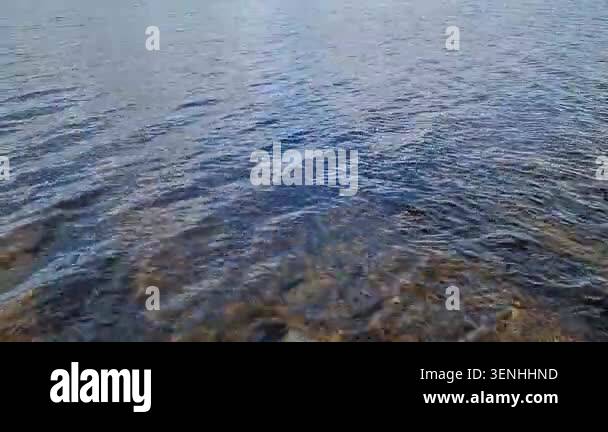 Water surface of a wide river. Blue water surface with small waves and ...