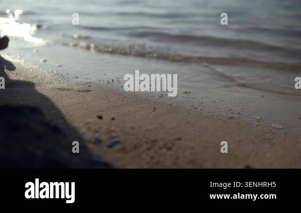 Barefoot Man Walking Along a Sandy Beach at Sunset with Gentle Ocean ...