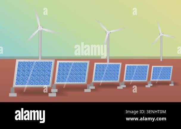 Animation of solar panels and wind turbines on a brown field under a ...