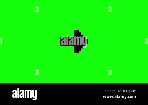 Pixelated black arrow pointing right on vibrant green screen background ...
