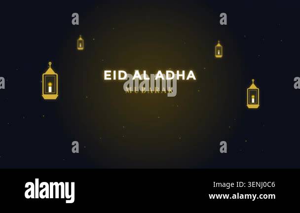 Eid Al Adha Mubarak text on black background with lanterns Stock Video ...