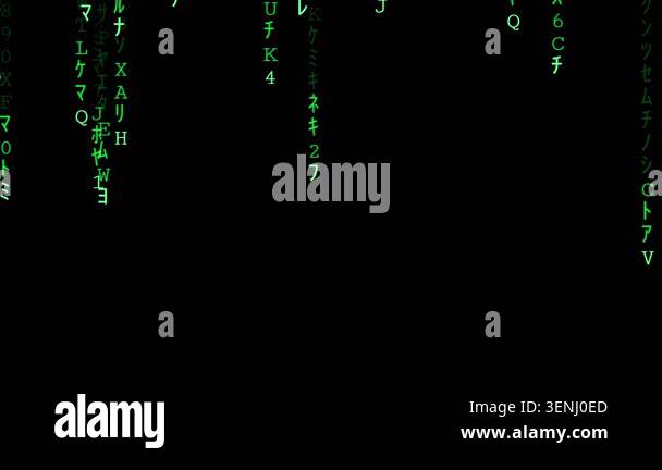 Matrix style falling green digital code characters on black screen ...