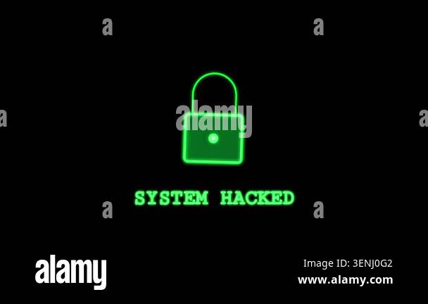 Green Glowing Padlock and System Hacked Text on Black Background ...