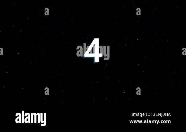 Digital countdown from 5 to 0 with glowing white numbers on a starry ...