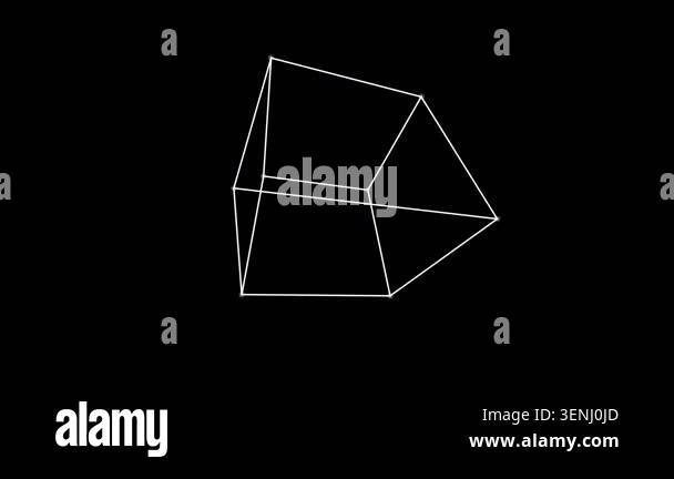 Abstract white wireframe cube rotating and transforming on a black ...