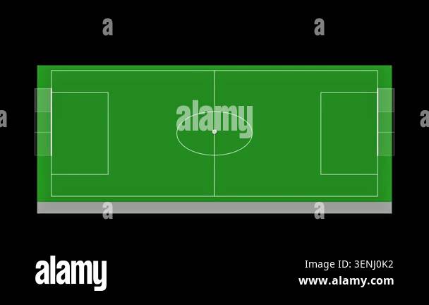 Animated aerial view of a football field zooming into the center circle ...