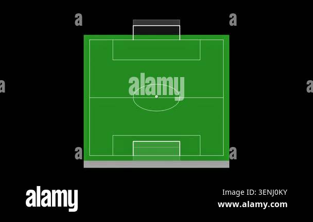 Top down view of a green soccer field with white lines and a ball ...