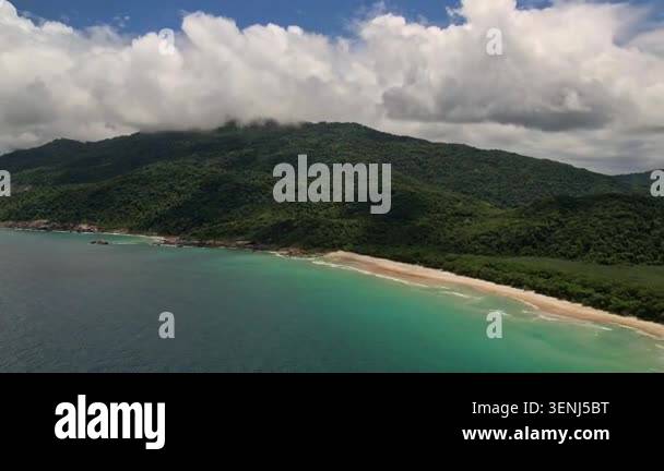 Aerial view of Lopes Mendes beach on Ilha Grande with lush green ...