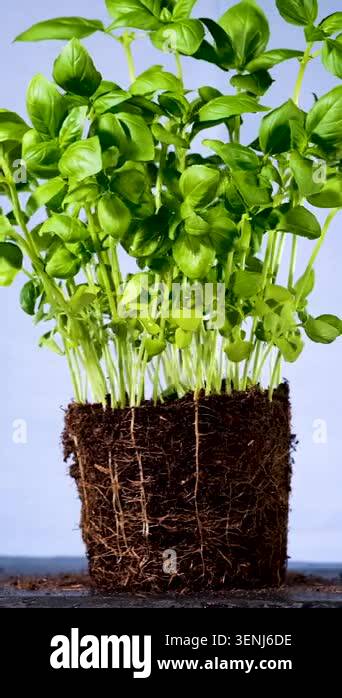 Closeup Basil Seedlings With Roots, Soft Blue Backdrop And Compact Soil ...