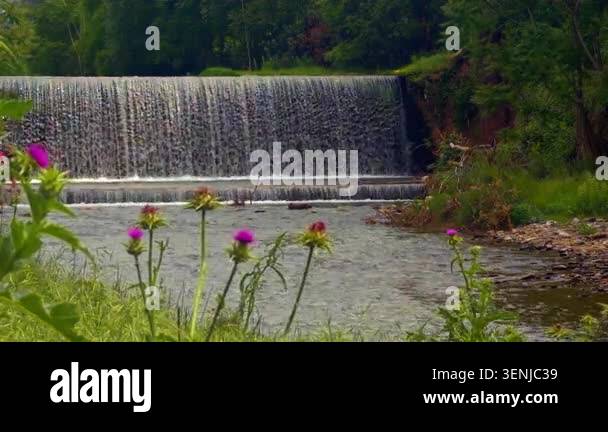 Scenic view of water flowing over a small man-made dam or weir in a ...