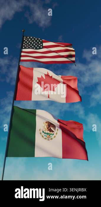 Three host country flags for 2026 soccer sport world waving, in the ...