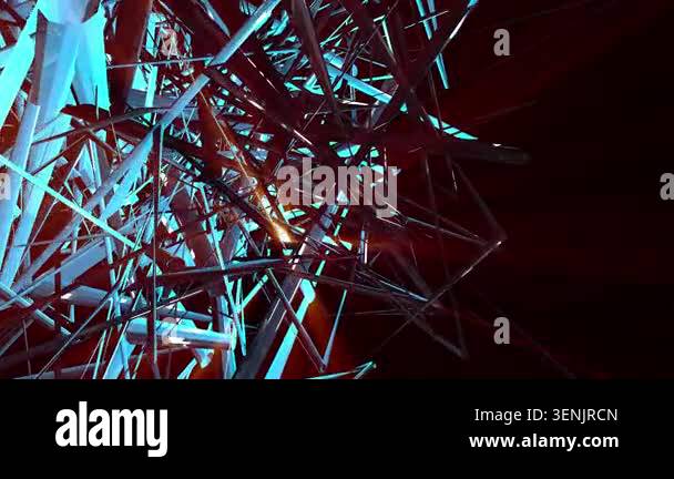Sharp, reflective blue and red fragments twisting and evolving in a ...