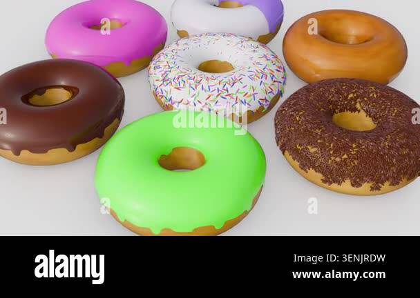 A 3d animation of seven colorful, frosted donuts remain still while the ...