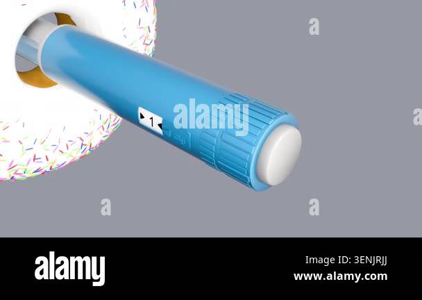 A 3d animation of GLP-1 injection pen floats in a slow-motion diagonal ...