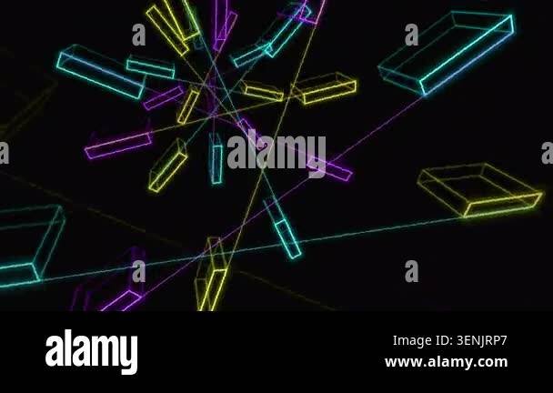 abstract neon geometric cubes with glowing cyberpunk wireframe lines ...