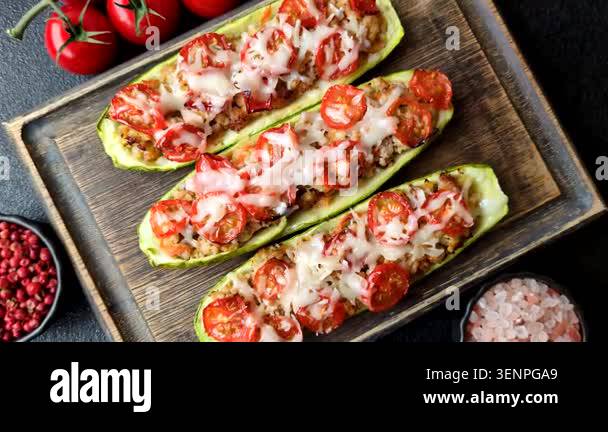 Baked zucchini half with minced meat, tomatoes, cheese, salt, and ...