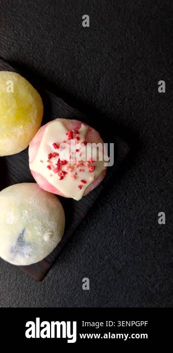 Japanese sweet frozen mochi with rice dough, fruit, and chocolate ...