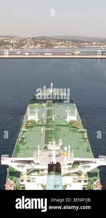 Drone image of the ship passing under the bridge from the Bosphorus ...