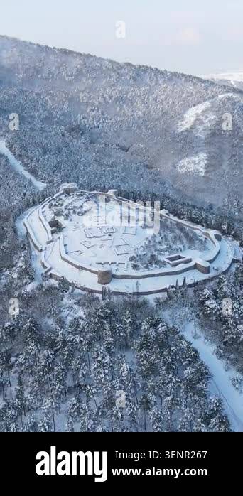 Aerial view castle built in the forest on the top of the mountain ...