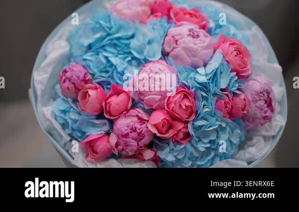 Pastel pink roses and peonies with blue hydrangeas, flower bouquet with ...