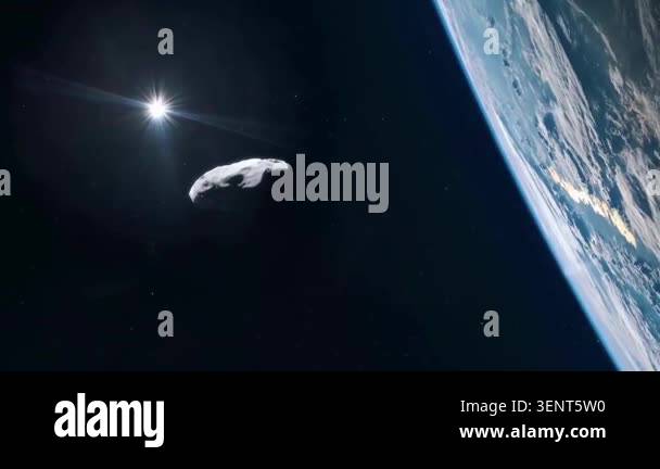 Asteroid flying towards planet Earth with bright sun flare. Diagonal ...