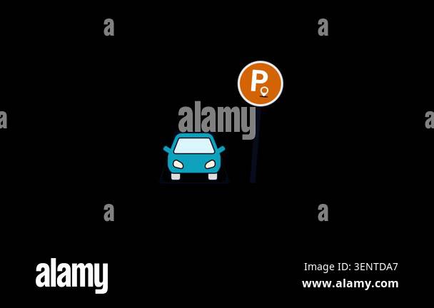 Minimalist graphic icon of a blue car parked next to a circular parking ...