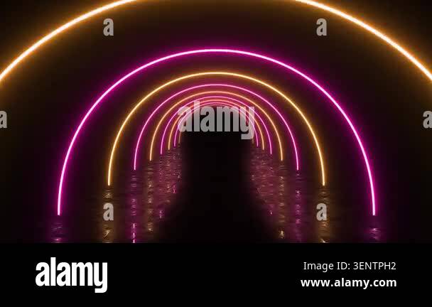 Neon pink gold futuristic light tunnel corridor seamless vj loop ...