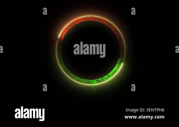 Neon glowing circle frame with red and green light energy animation ...