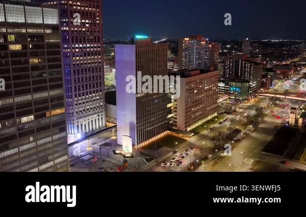 Detroit, MI USA - March 09, 2026 :Aerial view moving past skyscrapers ...
