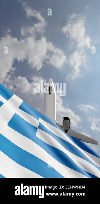 A Passenger Airplane Flying Over Greek flag waving in the wind against ...