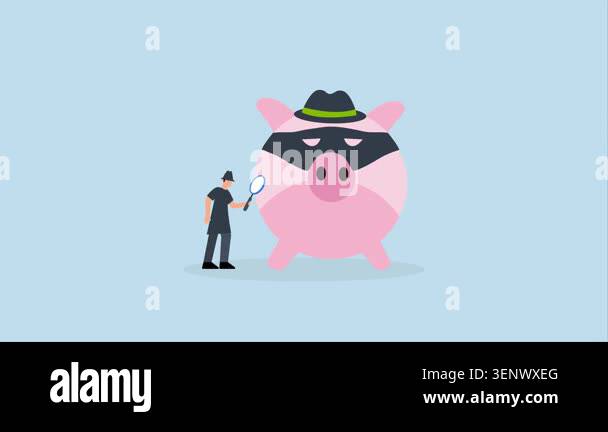 Financial crime, Detective man examining pink piggy bank with ...