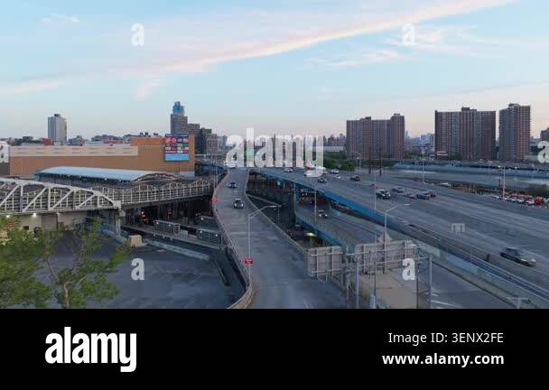 Urban highway intersection with traffic moving in South Bronx New York ...
