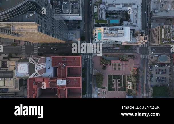 Top down aerial of downtown Los Angeles revealing urban grid, tall ...