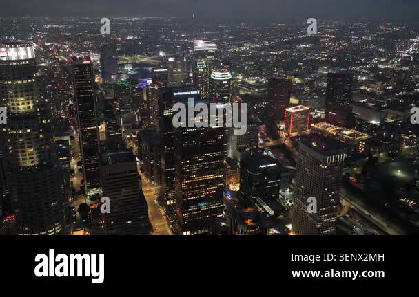 Los Angeles California downtown cityscape showing night aerial ...