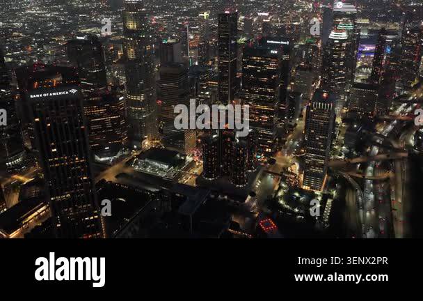 Downtown Los Angeles night cityscape featuring illuminated skyscrapers ...