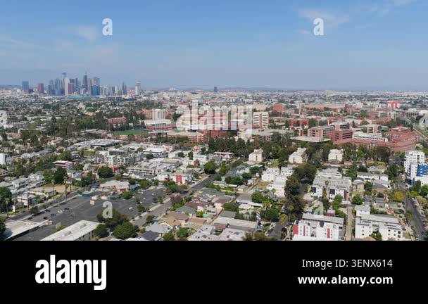 Cinematic high elevation flyover of Los Angeles suburbs revealing ...