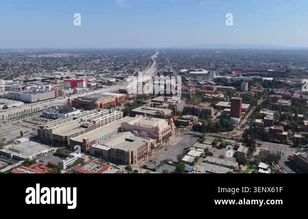 Cinematic aerial flight above University of Southern California campus ...