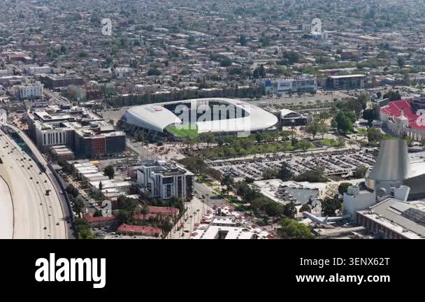 High altitude survey of Exposition Park in Los Angeles with BMO Stadium ...